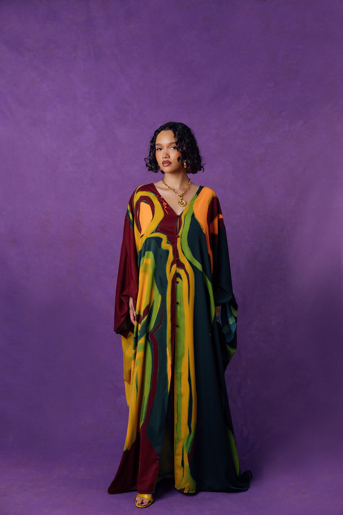 Rabi Abstract Printed Silky Kaftan - Burgundy — Kai Collective