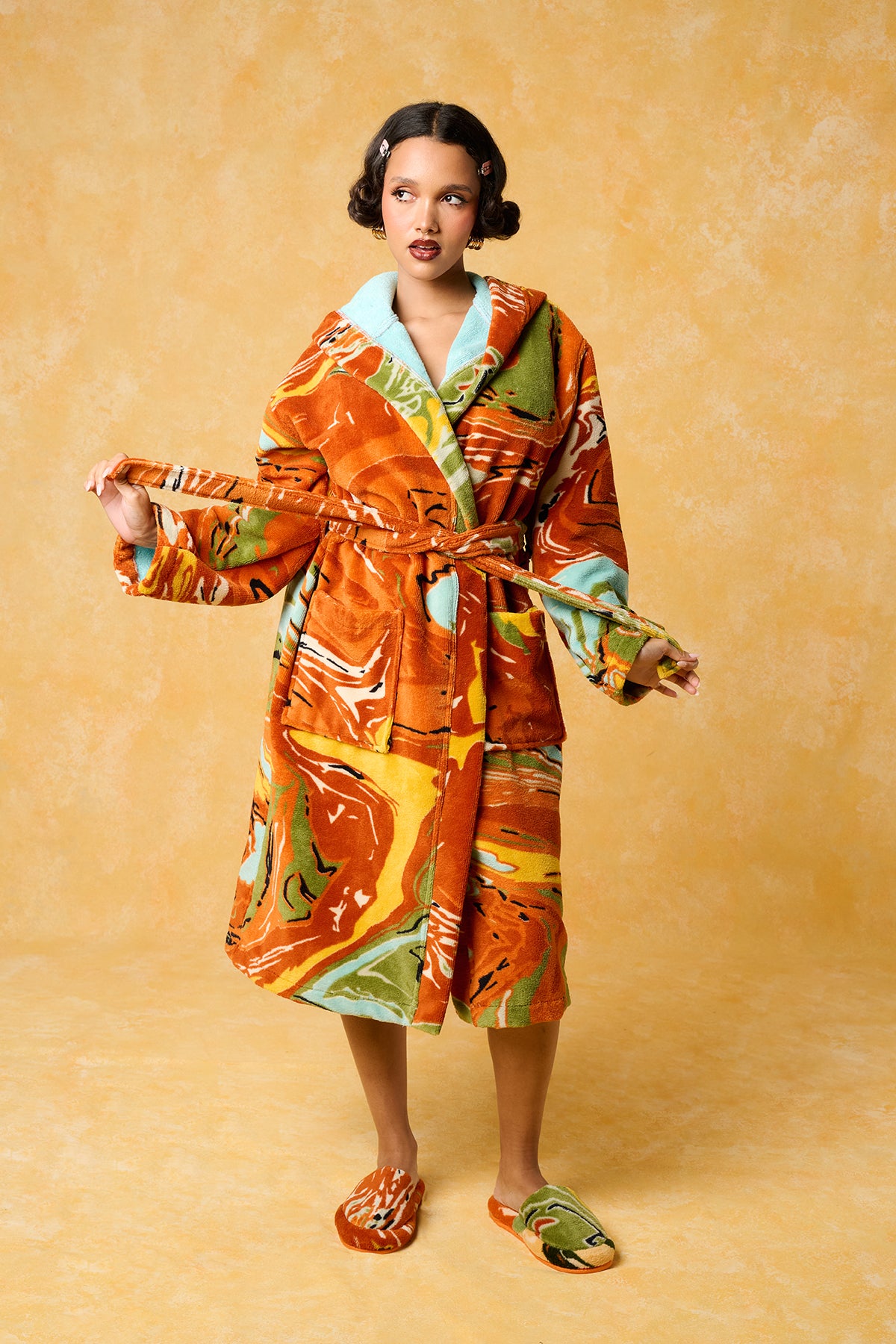 Gaia Hooded Printed Robe - Orange — Kai Collective