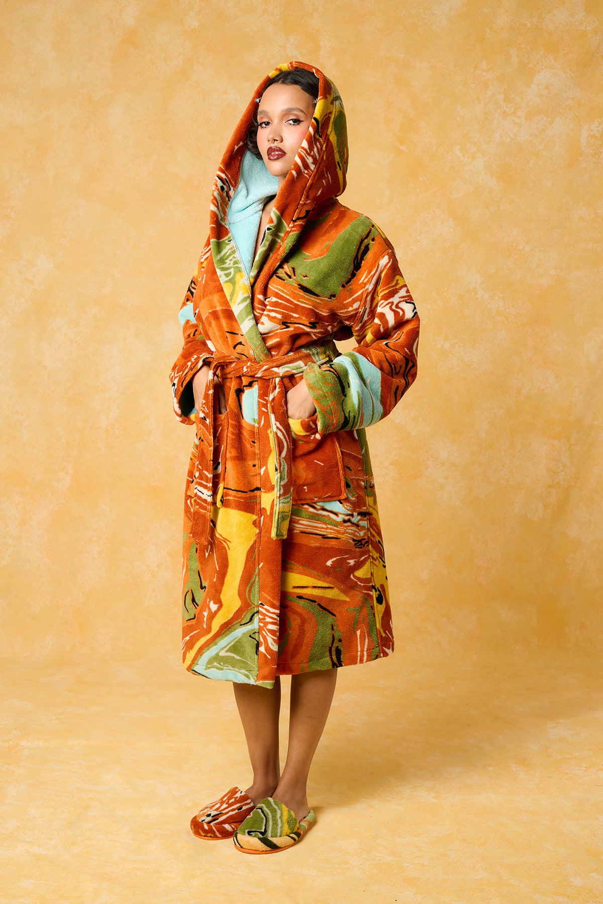 Gaia Hooded Printed Robe - Orange — Kai Collective